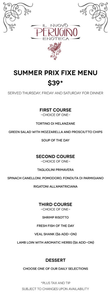 New Pre-Fixe Summer Menu @ Il Nuovo Perugino Enoteca - Outdoor Adventure